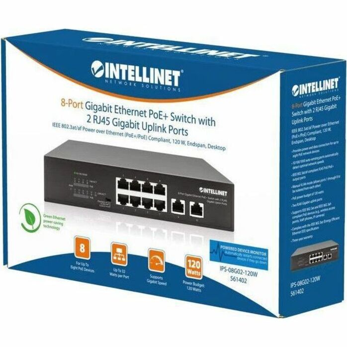 Intellinet 8-Port Gigabit Ethernet PoE+ Switch with 2 RJ45 Gigabit Upl ...